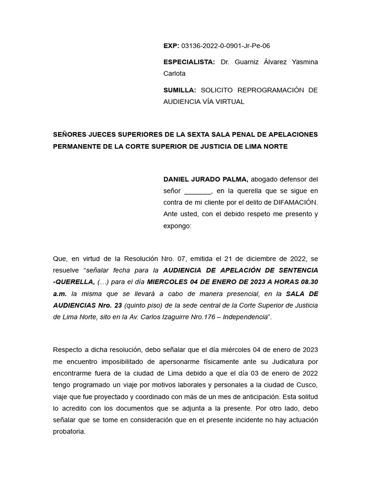 Solicito Reprogramación de Audiencia Vía Virtual | PDF | Queja | Judicaturas