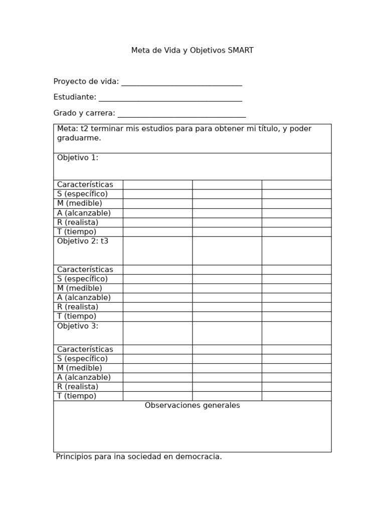 Formato para Redactar Meta de Vida y Objetivos Smart | PDF