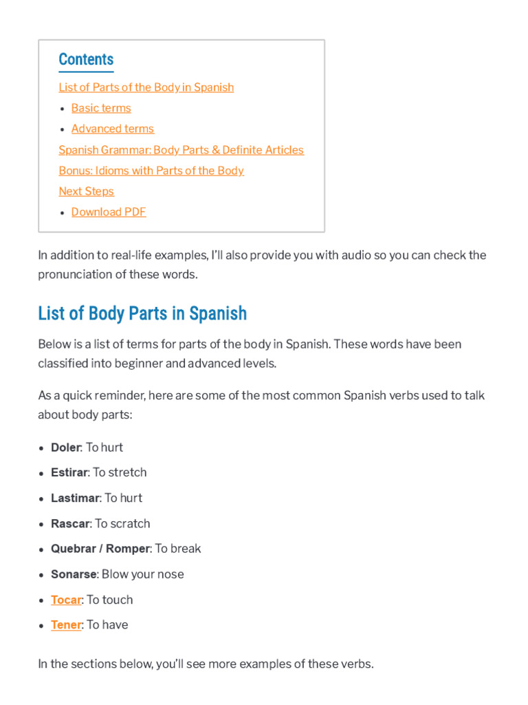 Spanish Body Parts Vocabulary Guide | PDF | Human Anatomy