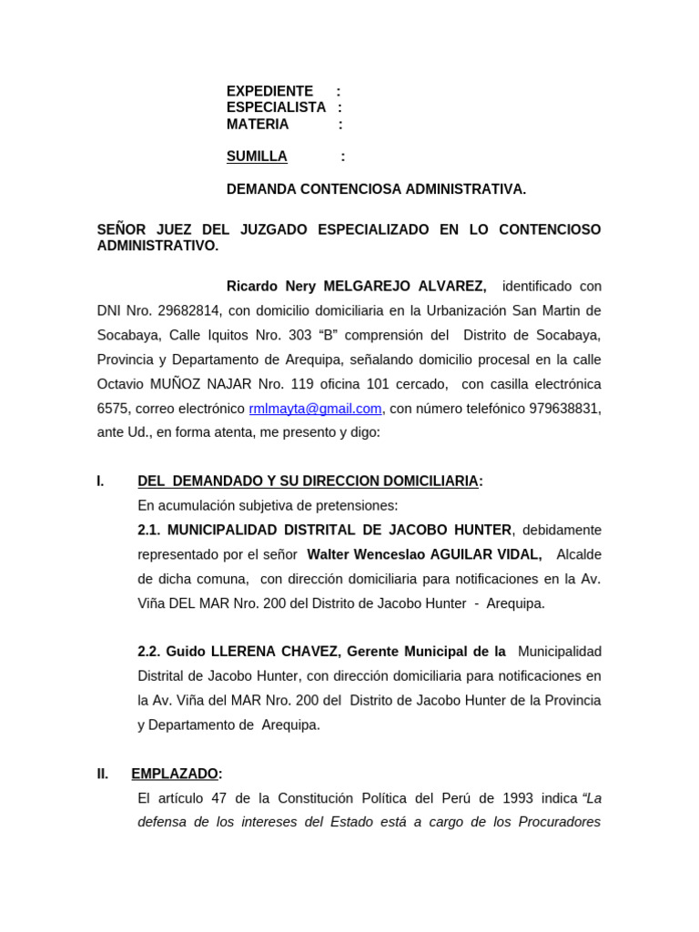 DEMANDA CONTENCIOSA MELGAREJO | PDF | Demanda judicial | Justicia