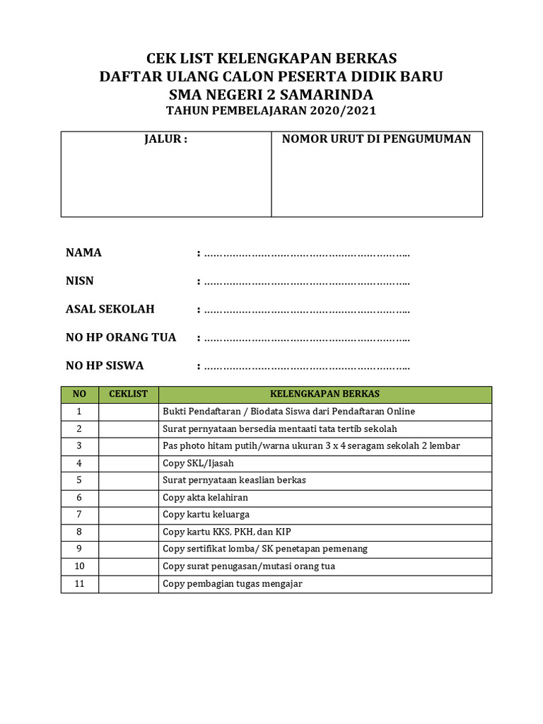 Cek List Berkas Daftar Ulang Siswa SMA | PDF