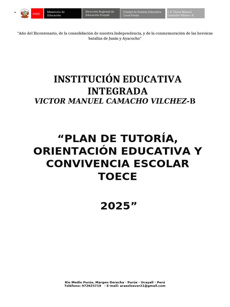 Propuesta Plan - Convivencia y Tutoria de Aula VMCV - B 2025 | PDF | Salud mental | Salón de clases