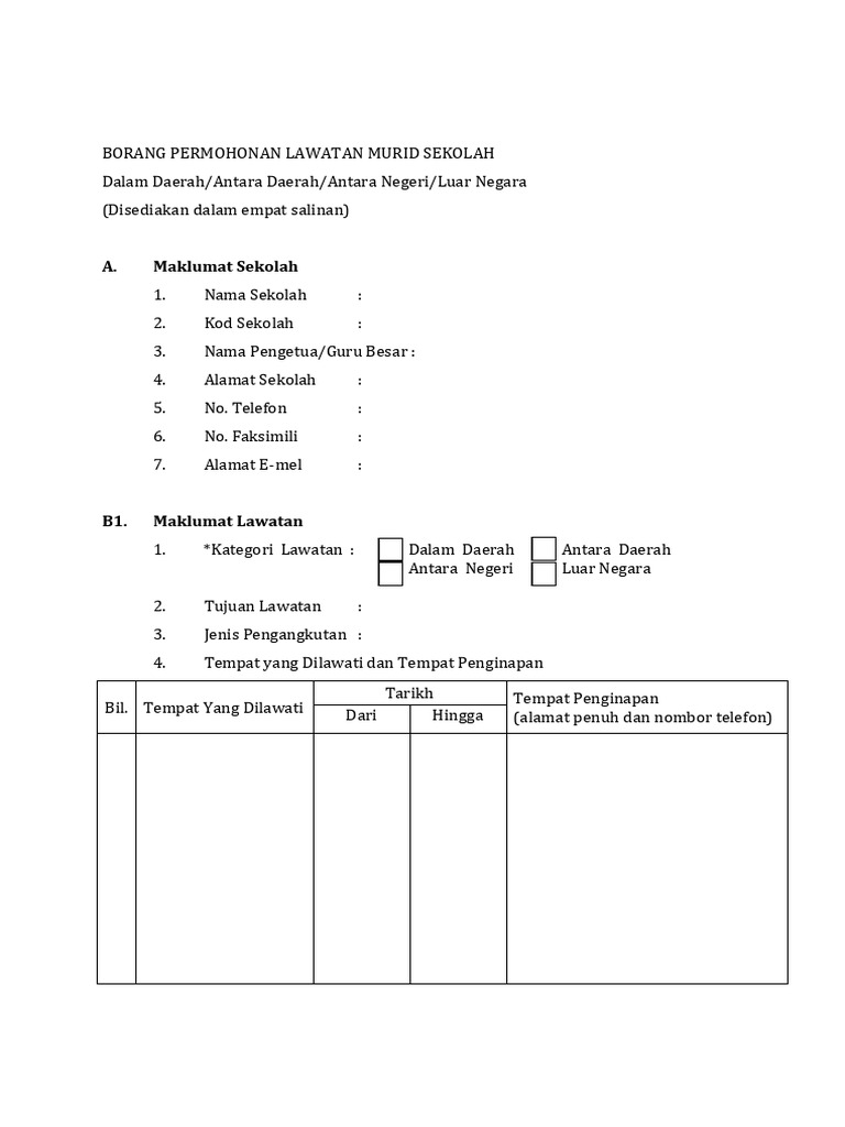 【Form】Lampiran a Borang Permohonan Lawatan Murid Sekolah | PDF