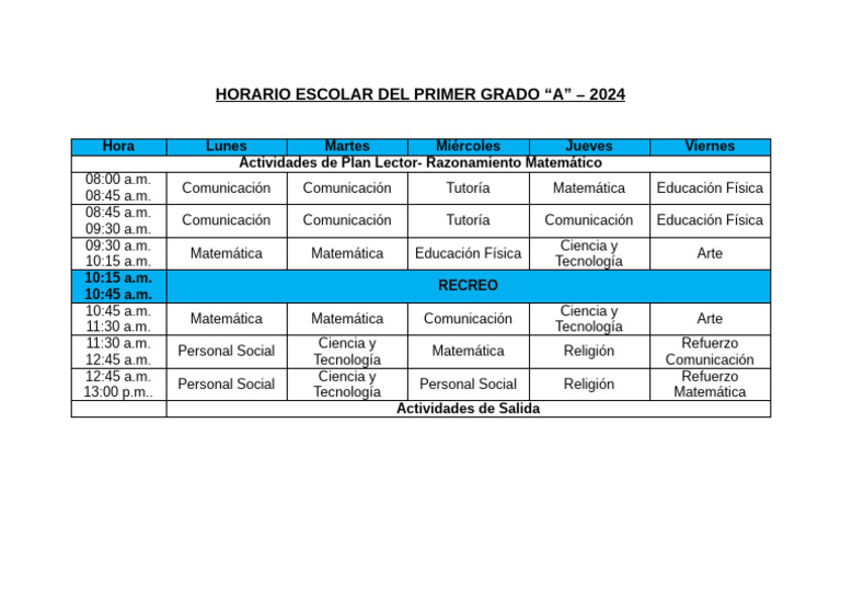 Horario Escolar Primer Grado A 2024 | PDF