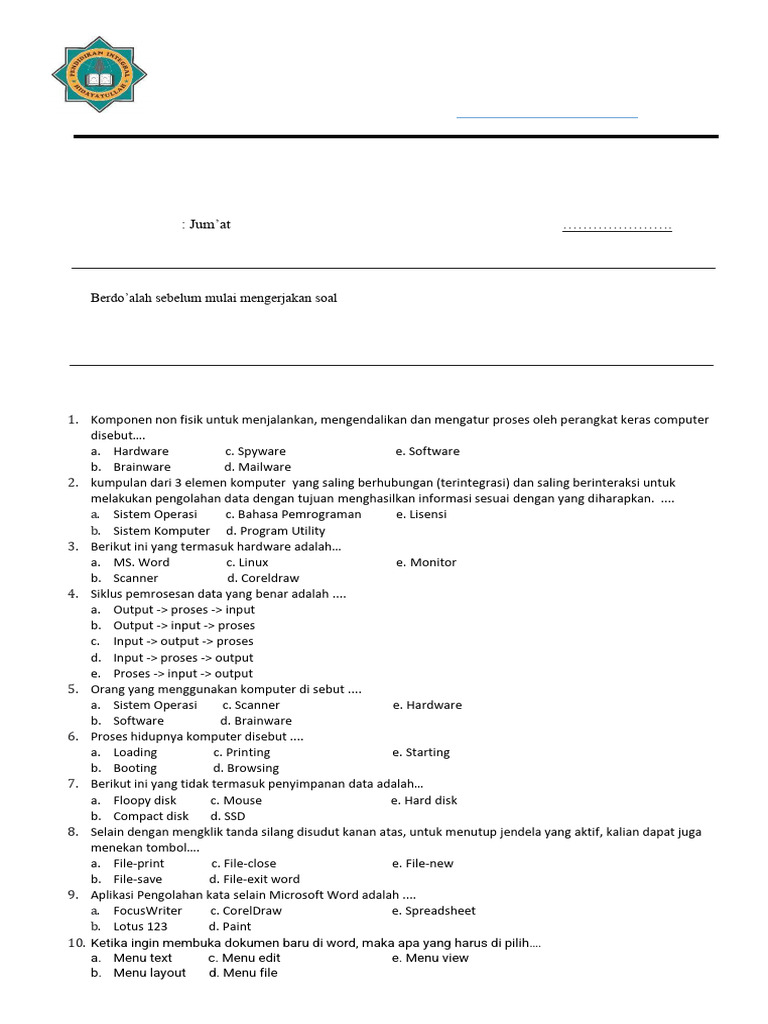 Soal Usp Tik Kelas 12 Tahun Pelajaran 20242025 | PDF