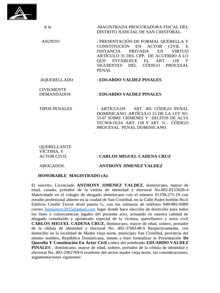 QUERELLA Y AUTORIA CIVIL CARLOS MIGUEL CADENA | PDF | Queja | Victimologia