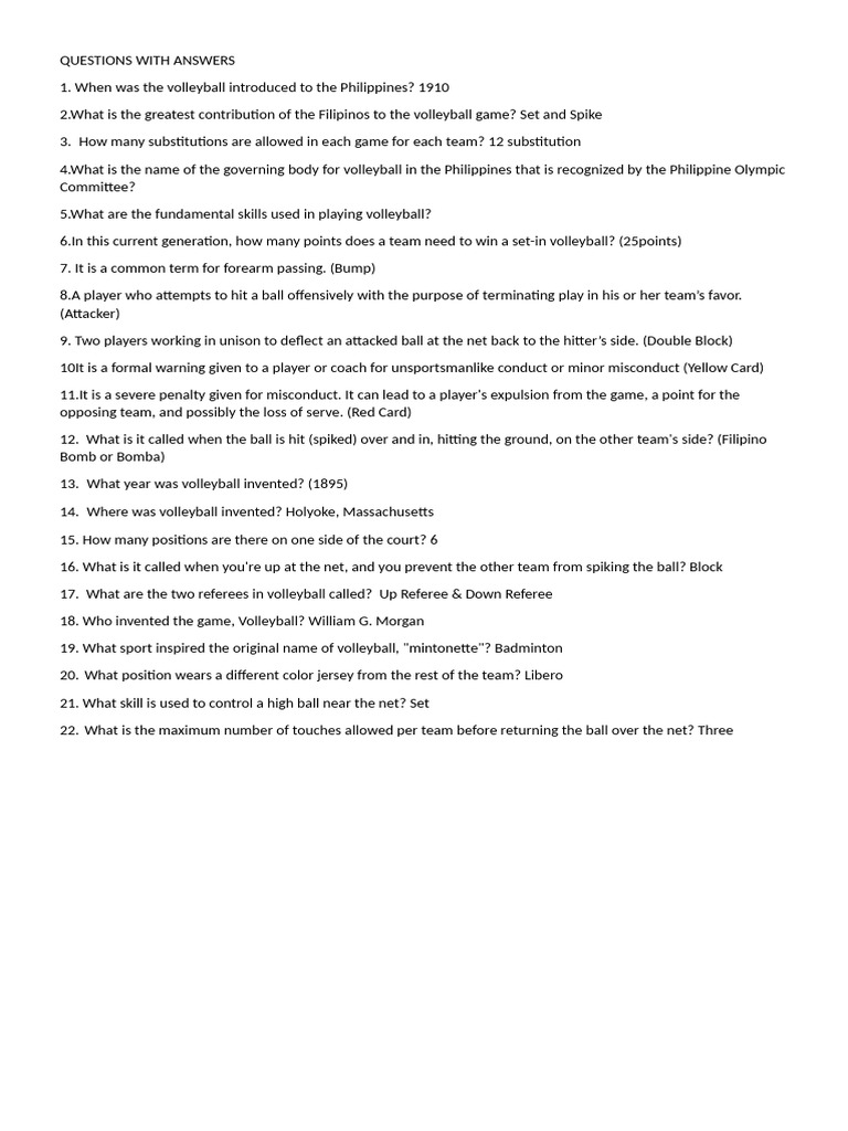Volleyball Trivia Questions and Answers | PDF | Volleyball | Indoor Sports
