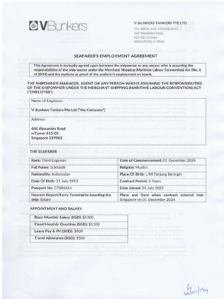 Sukhaidir.3rd Eng - Seafarer's Employment Agreement | PDF