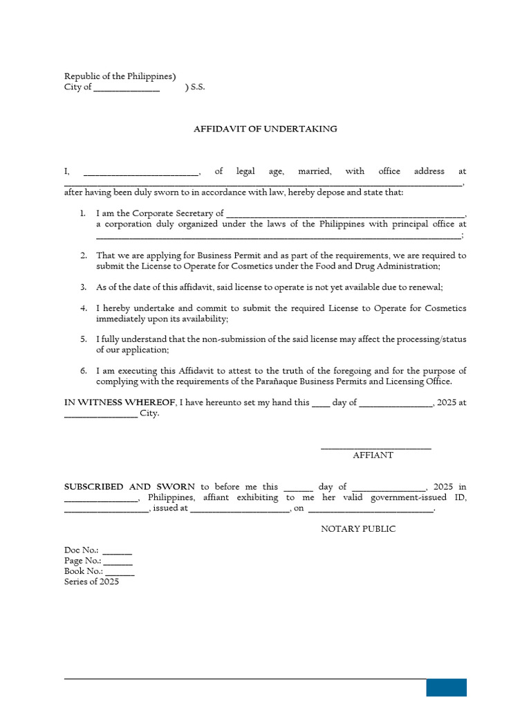 Affidavit of Undertaking - License To Operate - TEMPLATE | PDF