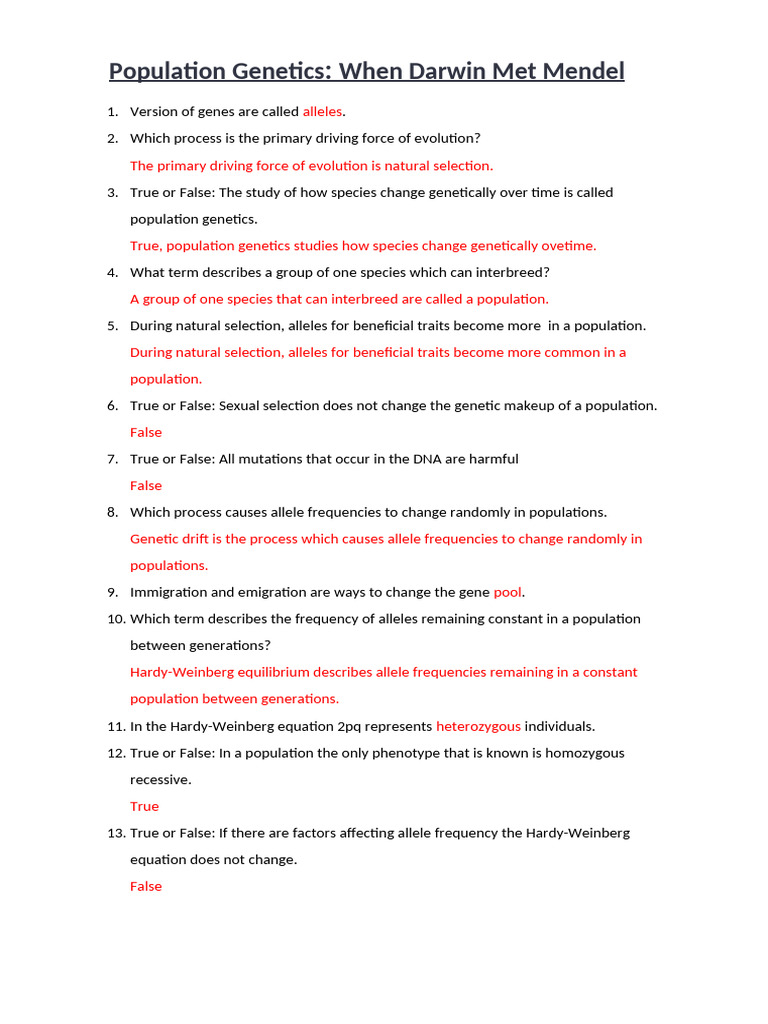 Population Genetics - When Darwin Met Mendel - ClickView Worksheet | PDF
