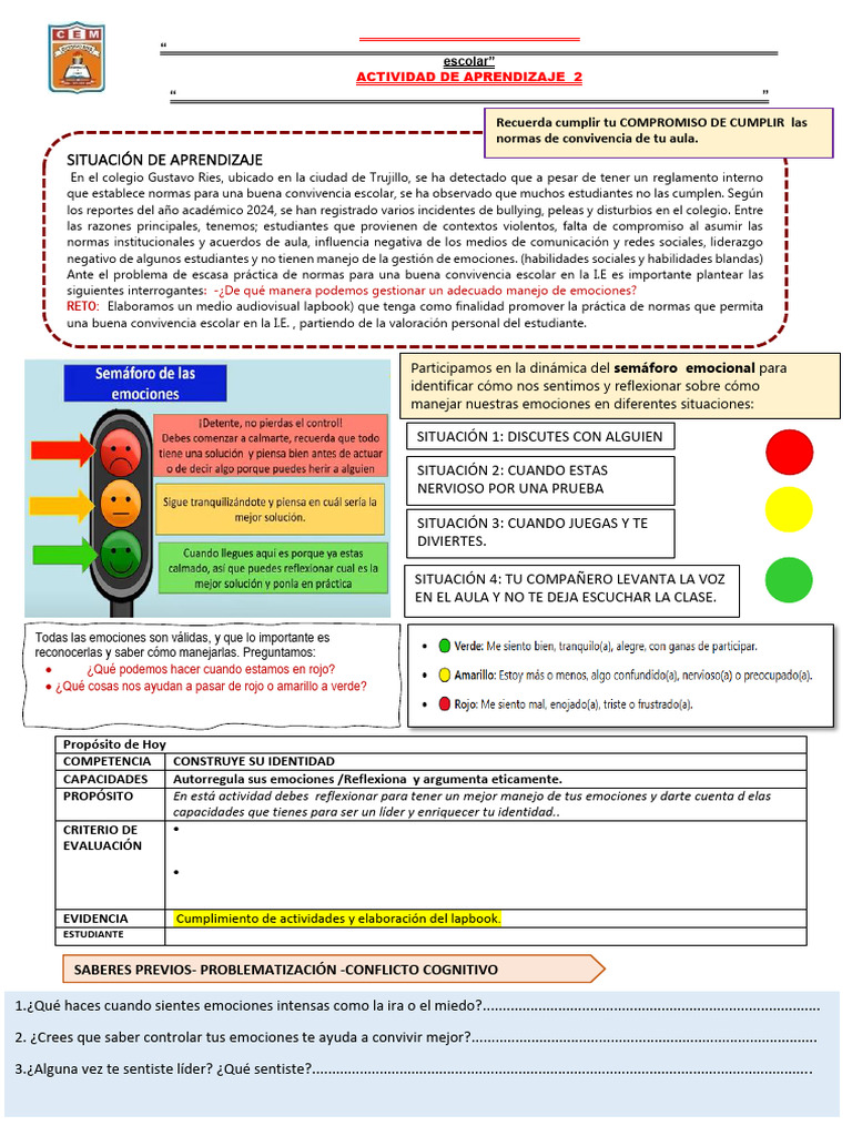 DPCC_Ficha de aprendizaje2_2° UA1_2025 (1) | PDF | Las emociones | Liderazgo