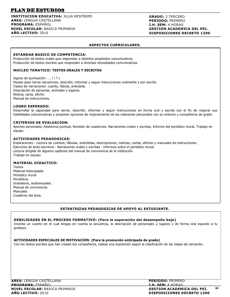 Plan de Estudios Español Grado 3 | PDF | Lengua española | Comunicación