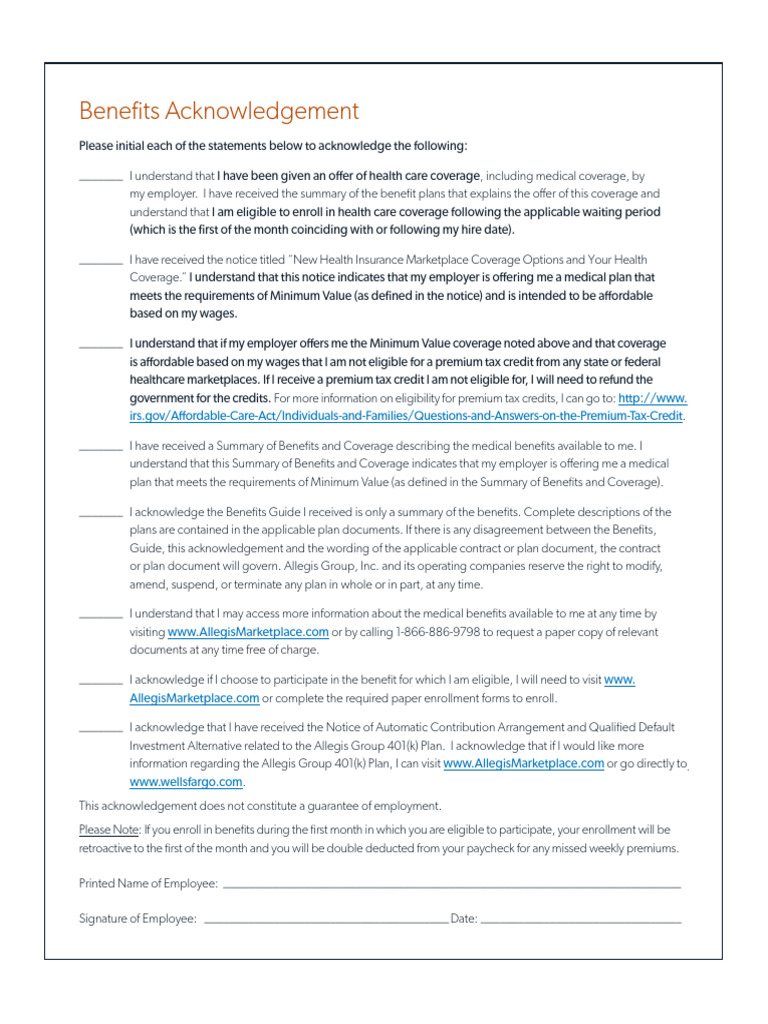 Benefits Acknowledgement | PDF | Health Insurance Marketplace | 401(K)