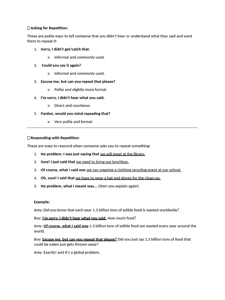 Polite Ways to Ask for Repetition | PDF