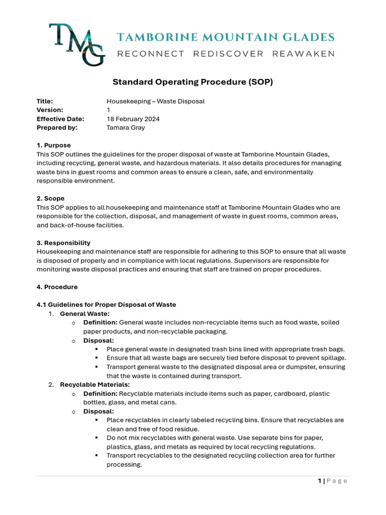 SOP Housekeeping - Waste Disposal | PDF | Waste | Waste Management