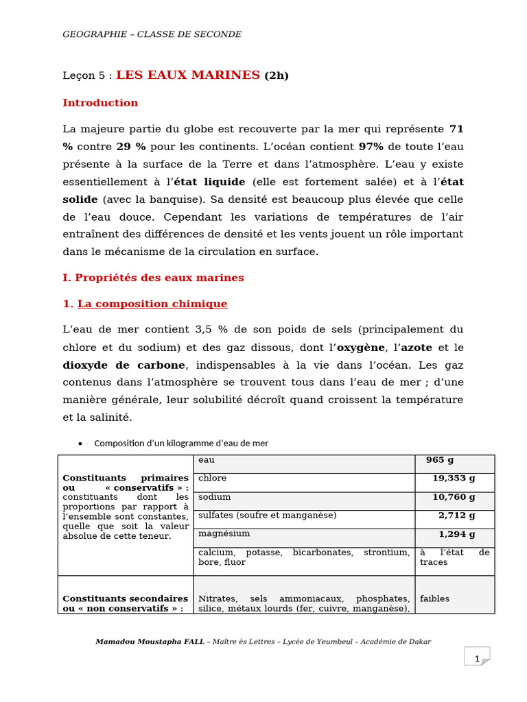 Mouvements et caractéristiques des eaux marines | PDF | Marée | Eau de mer
