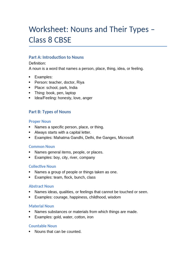 Class 8 Nouns Worksheet and Exercises | PDF