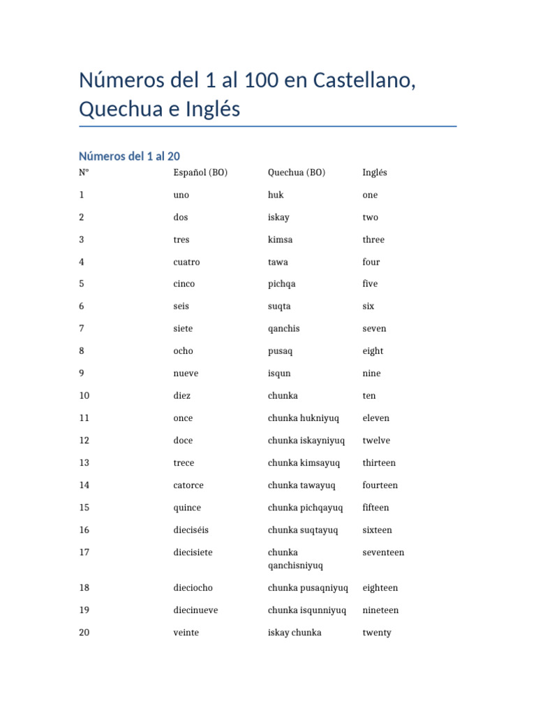 Numeros 1 Al 100 Trilingue | PDF