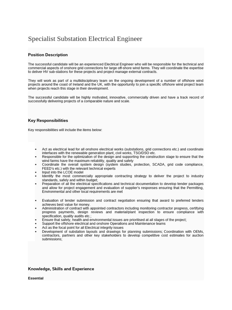 Electrical Engineer Substation Specialist - Job Specification | PDF ...