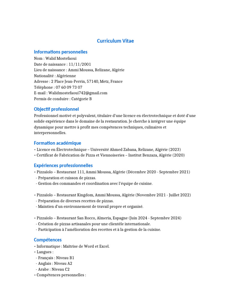 CV de Walid Mostefaoui, Pizzaïolo Algérien | PDF