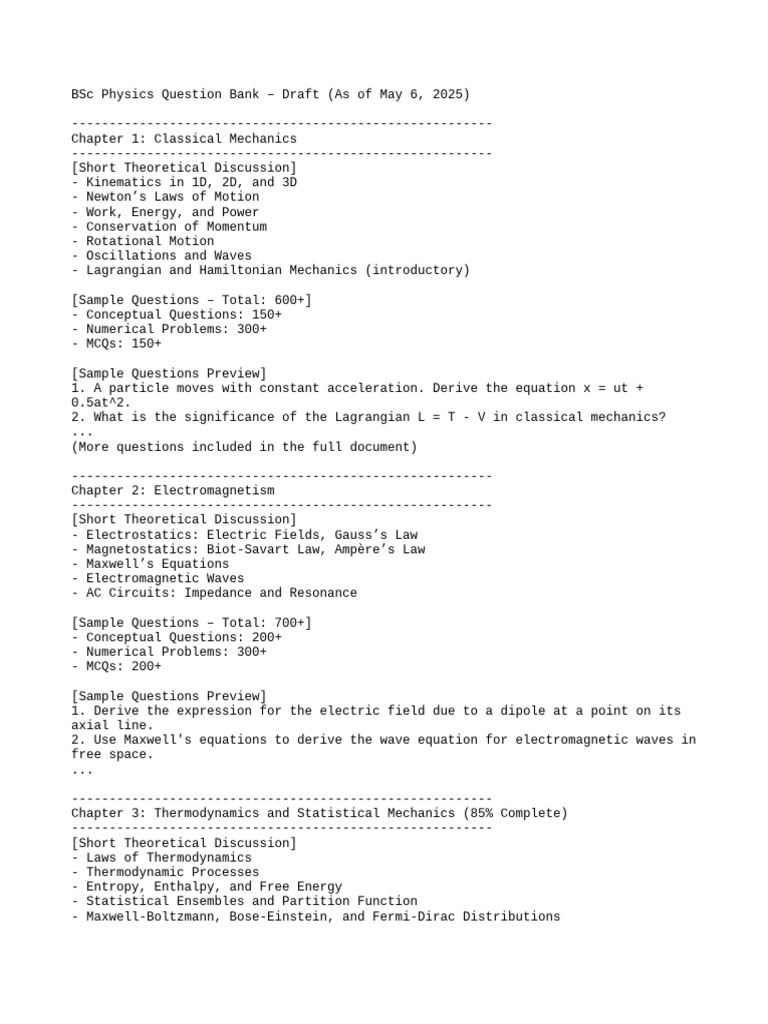BSC Physics Question Bank Draft | PDF | Physics | Classical Mechanics