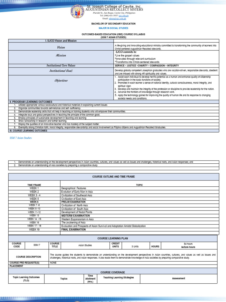 OBE-Syllabus SSM 7 Asian Studies | PDF | Asia