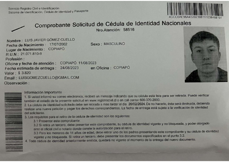 Comprobante Cedula Identidad Nueva | PDF