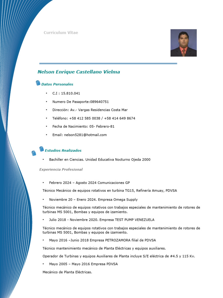 Currículum de Nelson Castellano | PDF | Venezuela