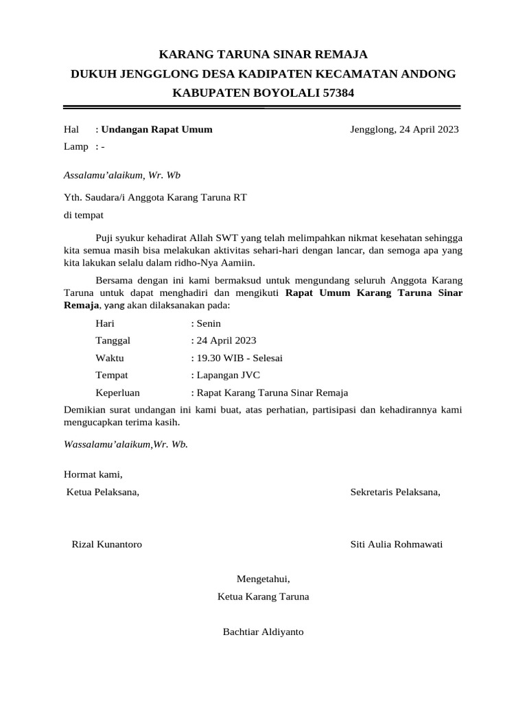 Surat Undangan Rapat Karang Taruna (1) | PDF