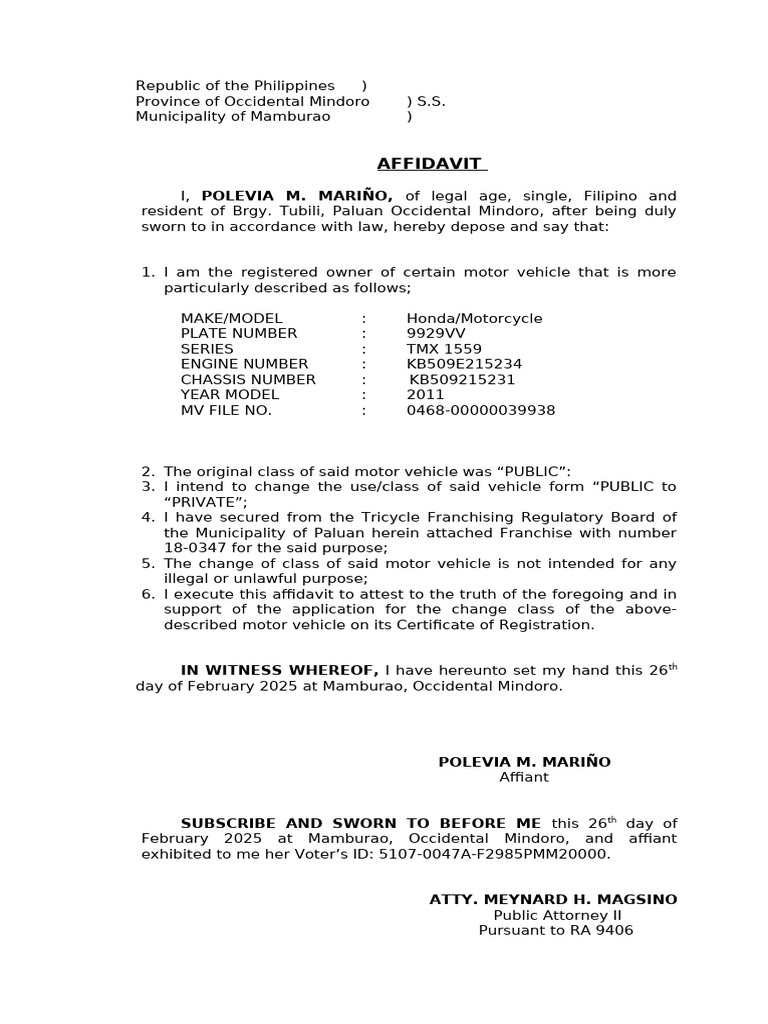 Affidavit for Vehicle Class Change | PDF
