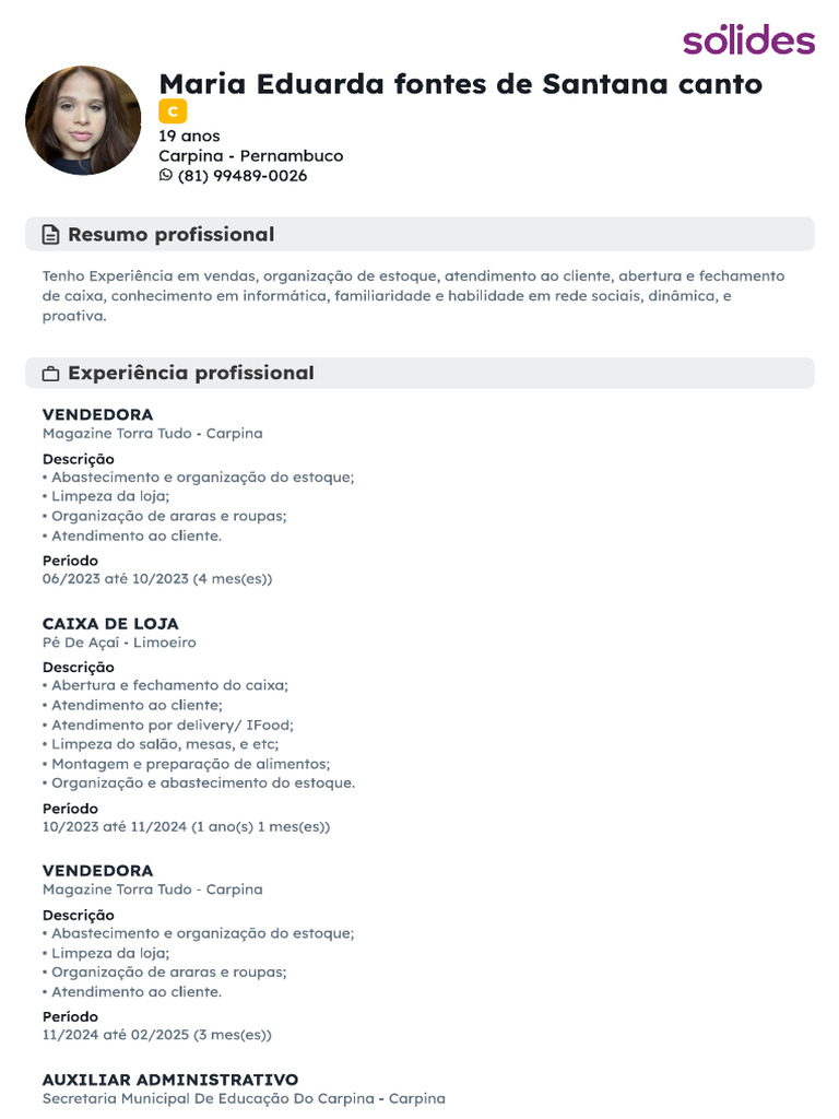 Currículo Maria eduarda f. Santana 3 Comprimido | PDF