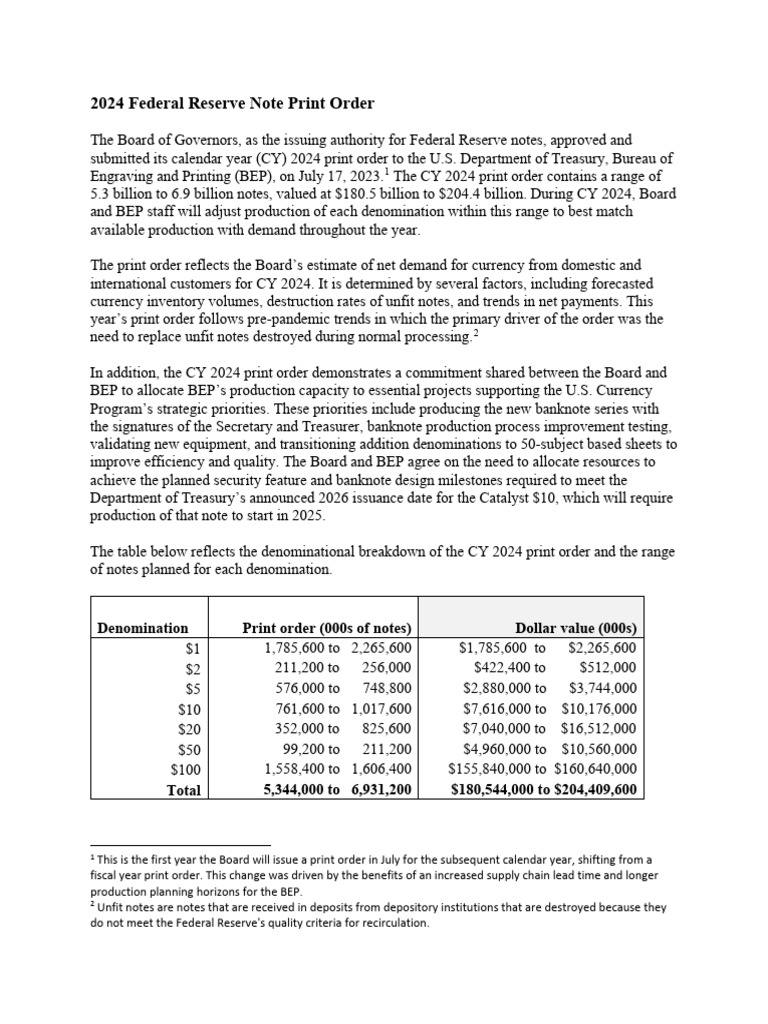 2024 Federal Reserve Note Print Order | PDF | Federal Reserve Note ...