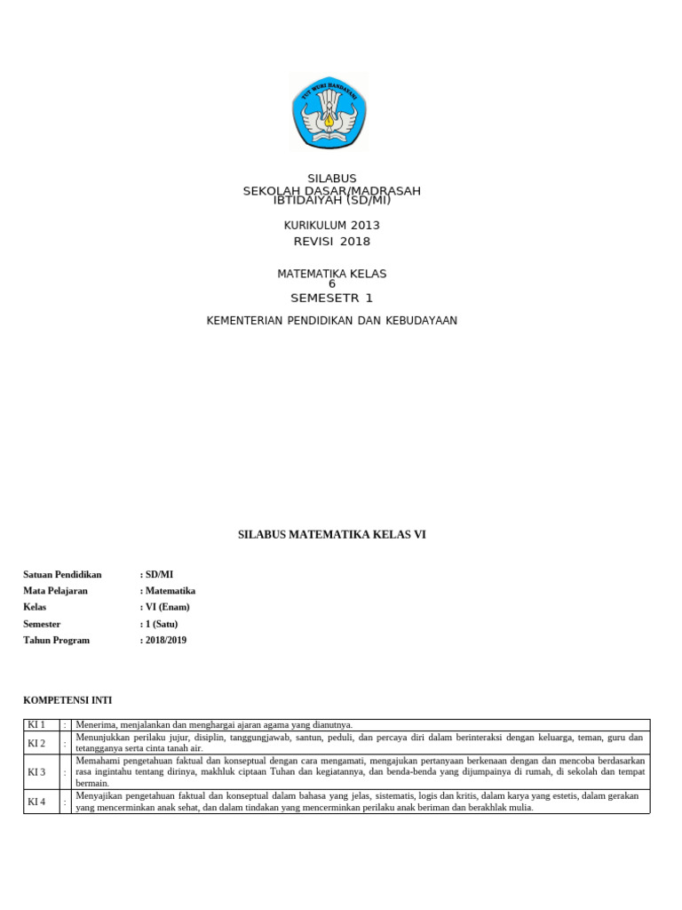 SILABUS MATEMATIKA KELAS 6 SEMESTER 1 (Datadikdasmen - Com) .Doc - Google Dokumen | PDF