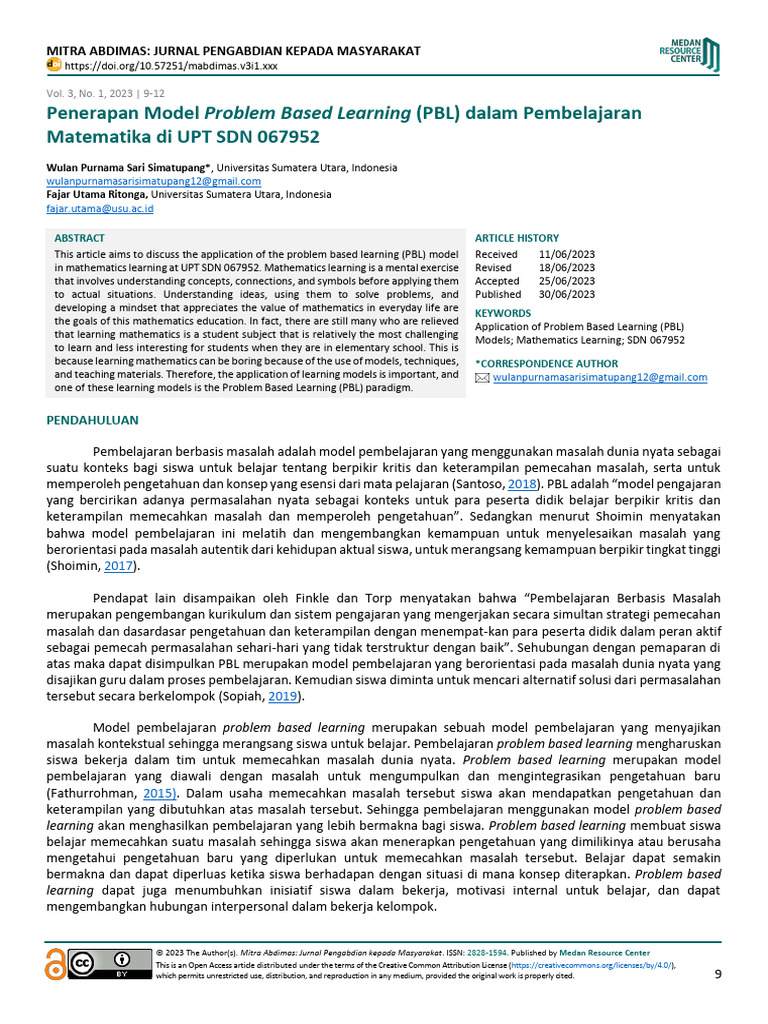 Penerapan Model Problem Based Learning (PBL) Dalam Pembelajaran Matematika Di UPT SDN 067952 | PDF
