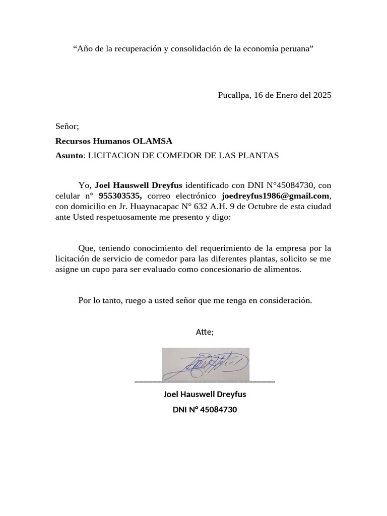 Carta de Presentacion Para Licitacion de Comedor-joel | PDF