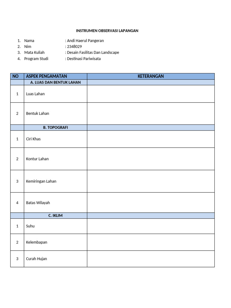 Instrumen Observasi Kelas 1-1 | PDF