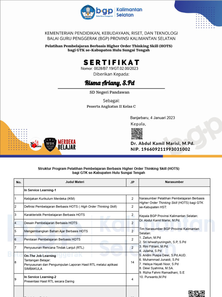 Risma Ariany, S.PD SD Negeri Pandawan - Sertifikat Pelatihan Pembelajaran HOTS | PDF