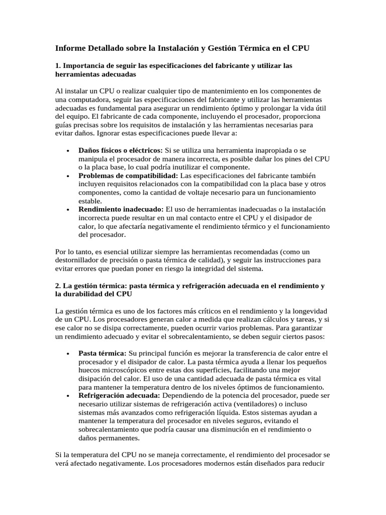 Informe Detallado Sobre La Instalación y Gestión Térmica en El CPU | PDF | Unidad Central de ...