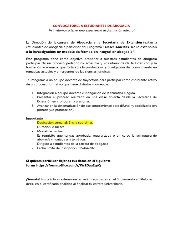 Convocatorias A Estudiantes A Programa de Clases Abiertas 1 | PDF ...