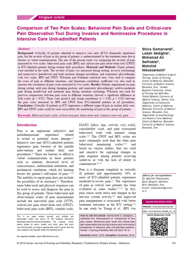 Comparing BPS and CPOT in ICU Pain Assessment | PDF | Pain | Intensive ...