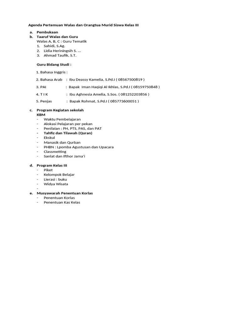 Agenda Pertemuan Walas Kelas III | PDF