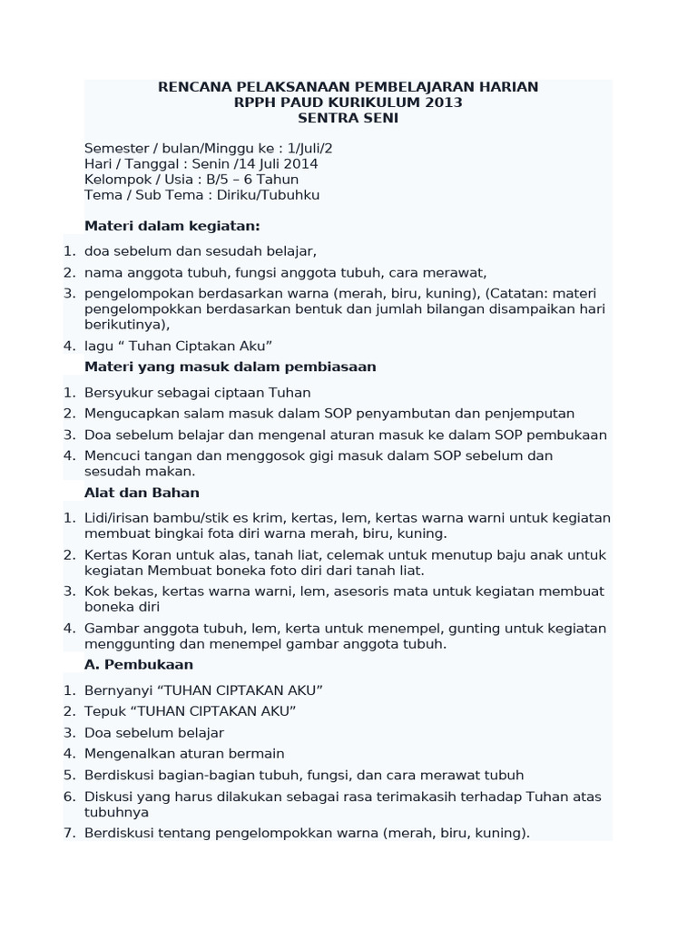 RPPH Tema Diri Sendiri PAUD Kelompok A | PDF