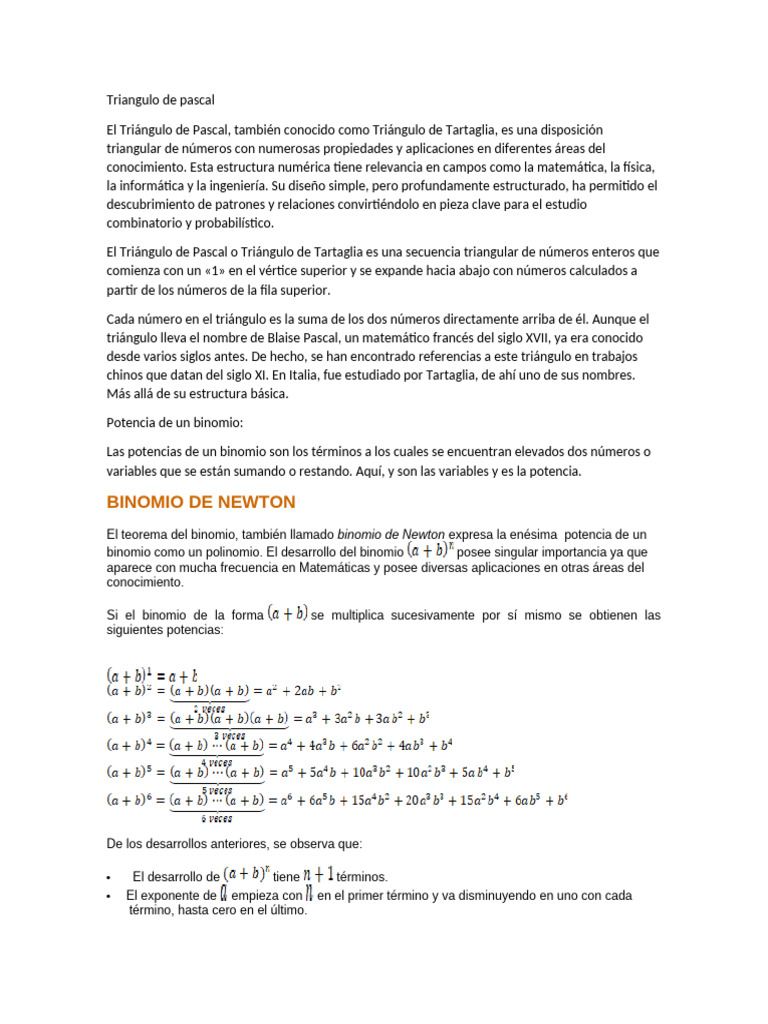 Triangulo de Pascal | PDF | Matemática Elemental | Análisis matemático