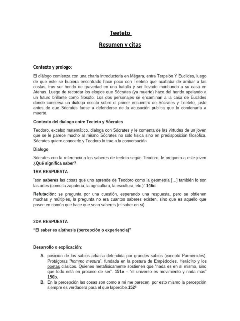 Teeteto - Resumen Detalles y Extractos 1 | PDF | Verdad | Sócrates
