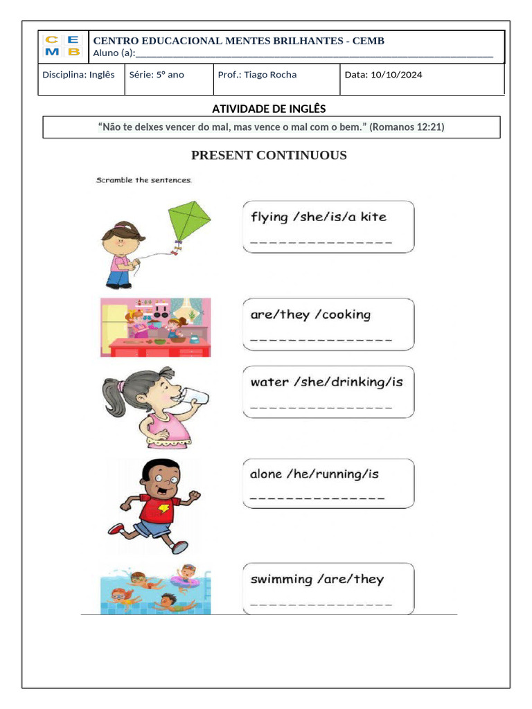 Atividade de Inglês - Present Continuous - 5° ANO | PDF