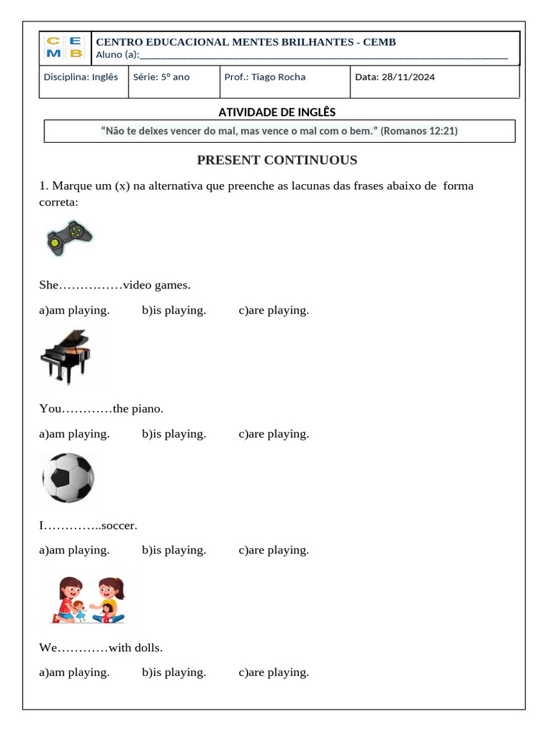 Atividade de Inglês - Present Continuous 02 - 5° ANO | PDF