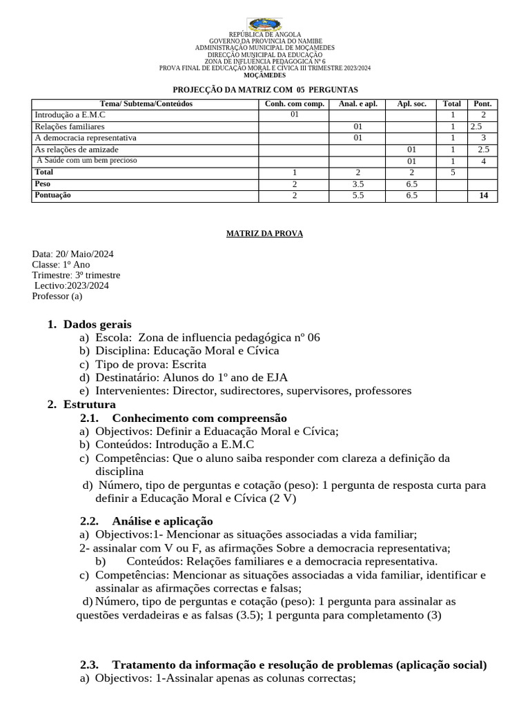 Prova Eja 3 Trimestre 2024 1º Ano Final | PDF