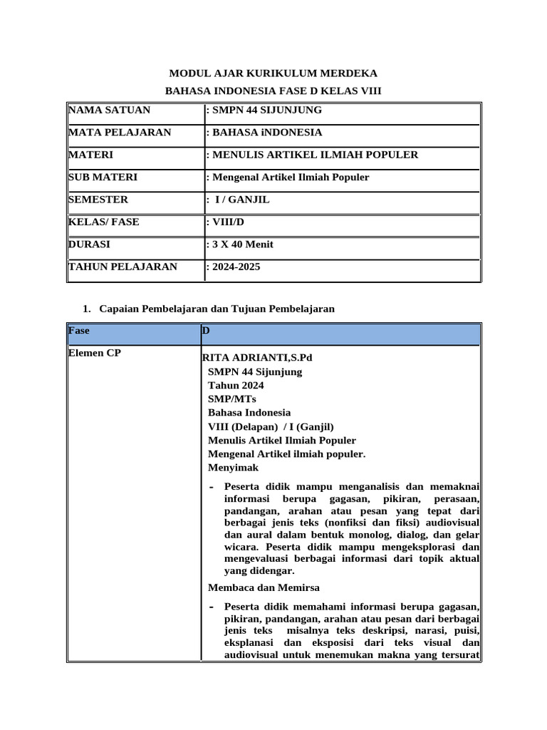 Modul Ajar Kurikulum Merdeka Bi 8 Maip | PDF
