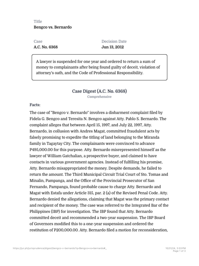 Bengco v. Bernardo: Lawyer's Suspension | PDF | Lawyer | Justice