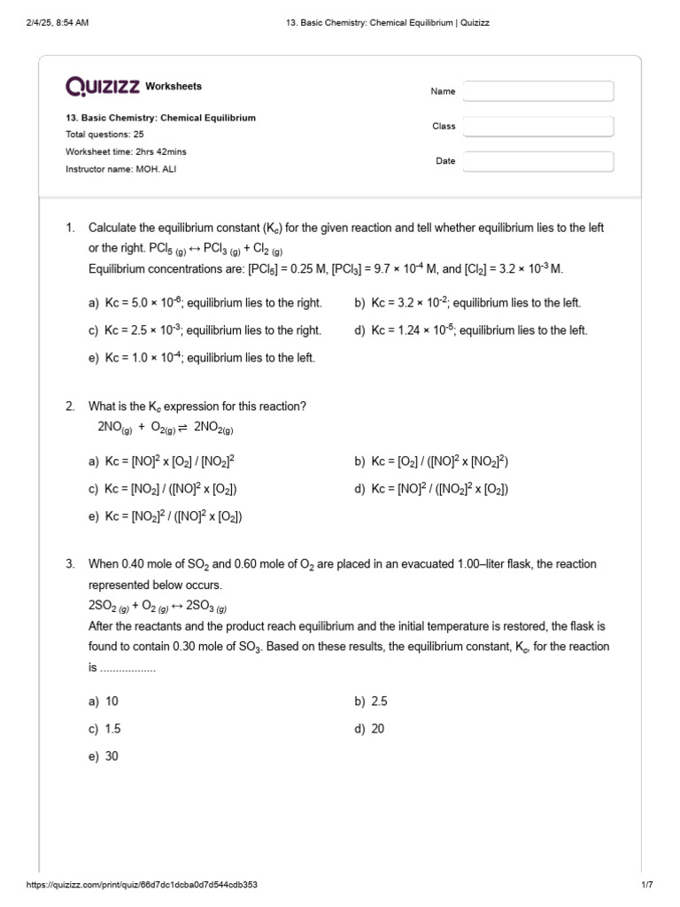 Chemical Equilibrium Worksheets | PDF | Chemical Equilibrium | Chemical ...